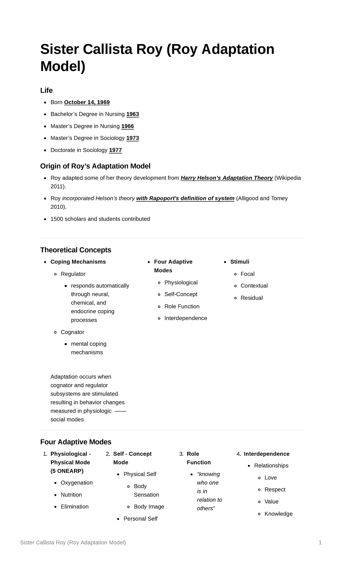 Sister Callista Roy's Adaptation Model: Key Concepts & Applications ...