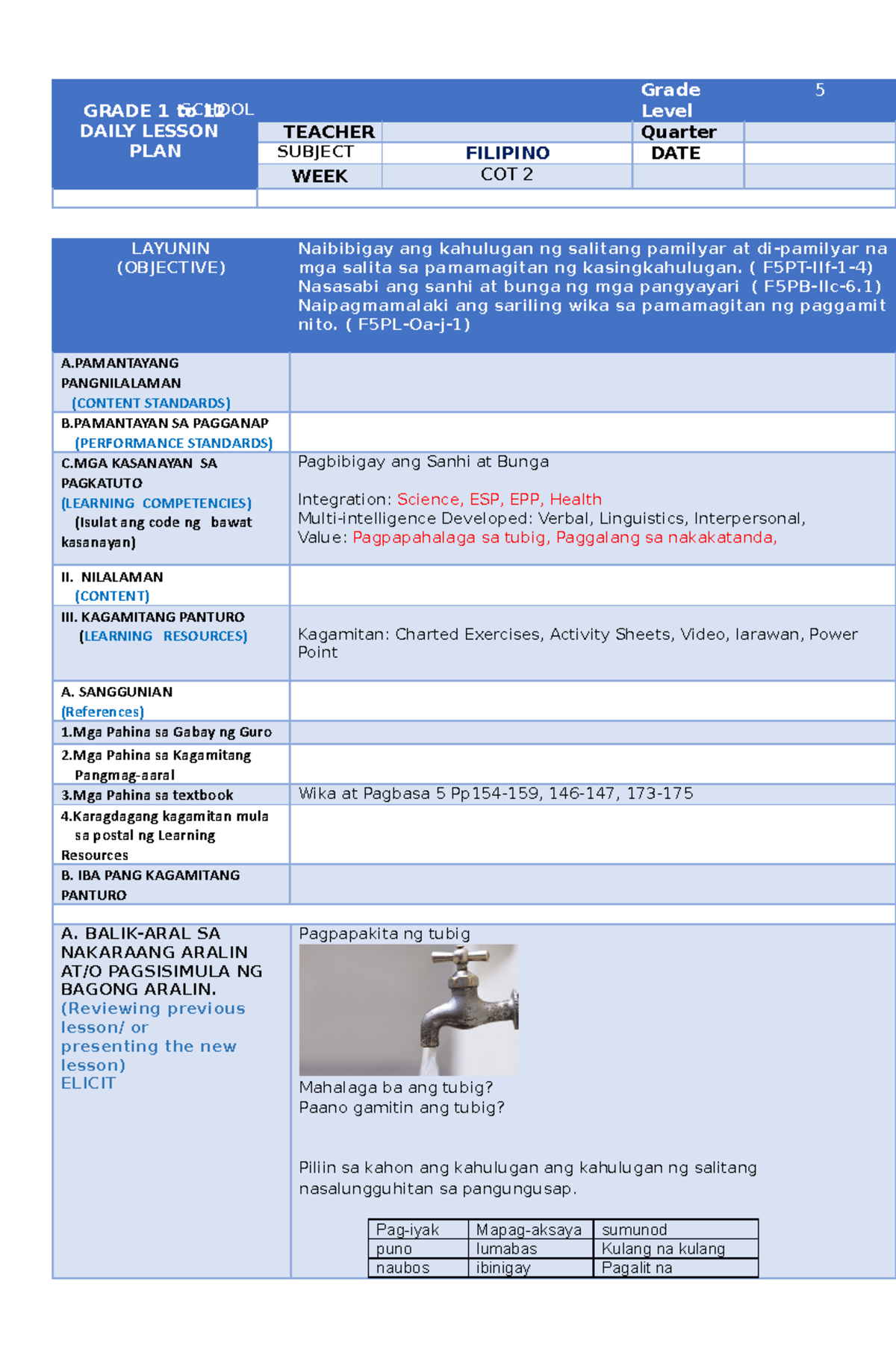 Filipino 5-COT - lecture - GRADE 1 to 12 DAILY LESSON PLAN SCHOOL Grade ...