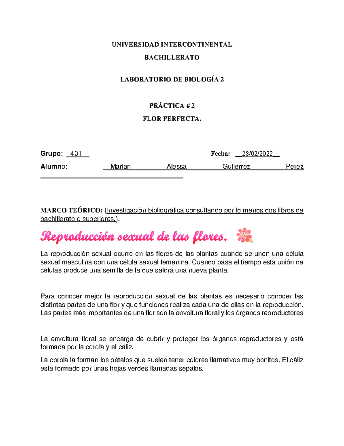 Práctica 1 La flor perfecta (Recuperado) - UNIVERSIDAD INTERCONTINENTAL ...