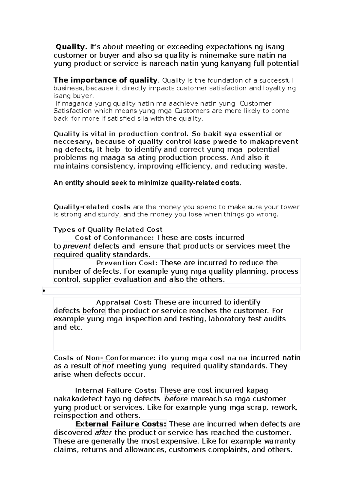 PMS Report - Lecture Notes - Quality. It's about meeting or exceeding ...