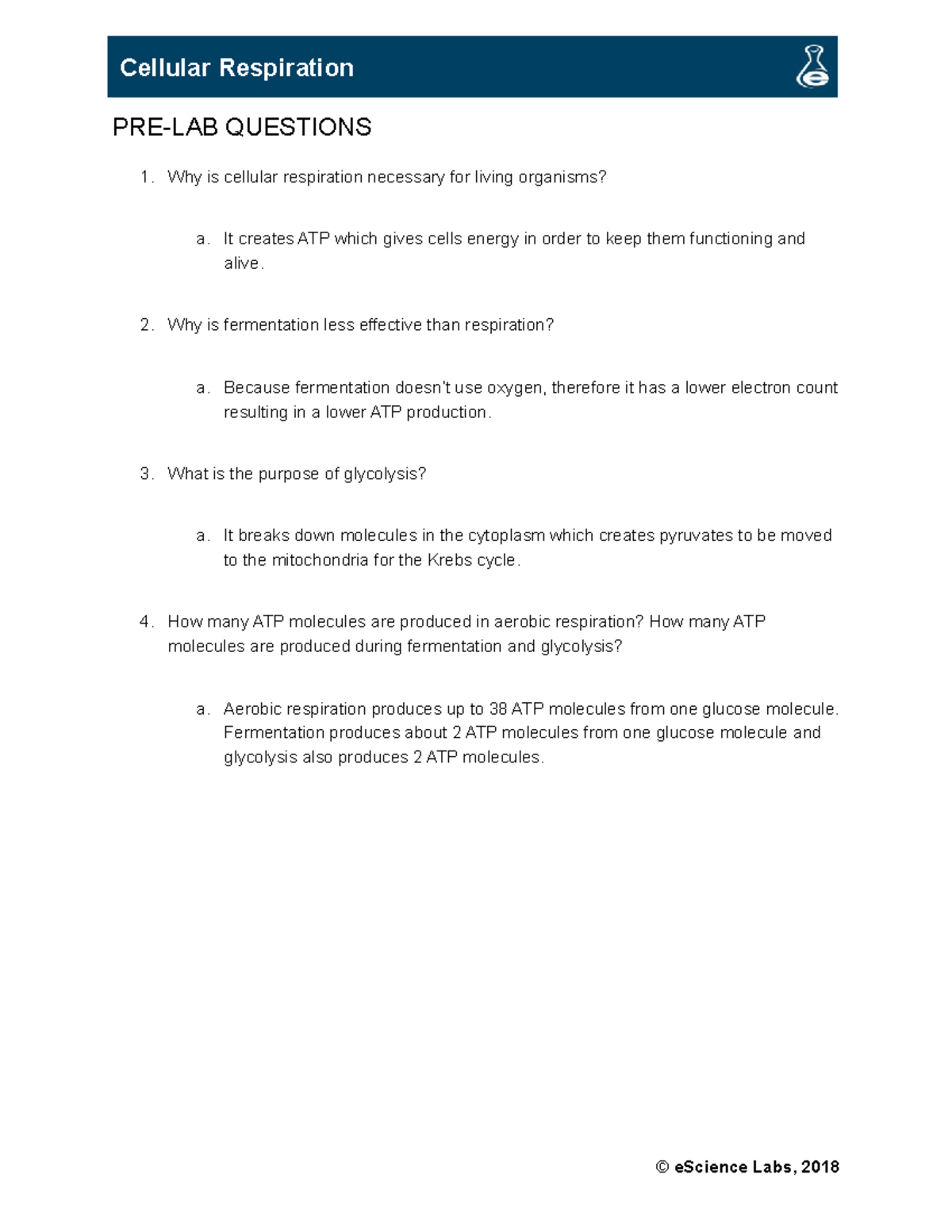 Cellular Respiration E Science Labs: Pre-Lab & Experiment Notes - Studocu