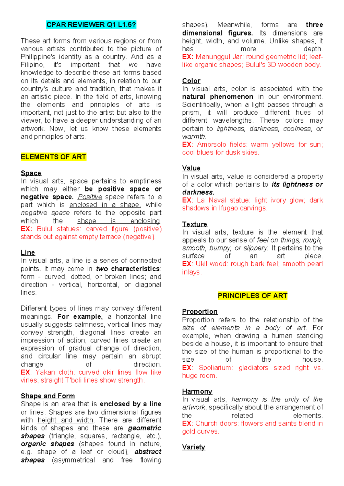 CPAR REVIEWER Q1: Understanding Elements & Principles of Art - Studocu