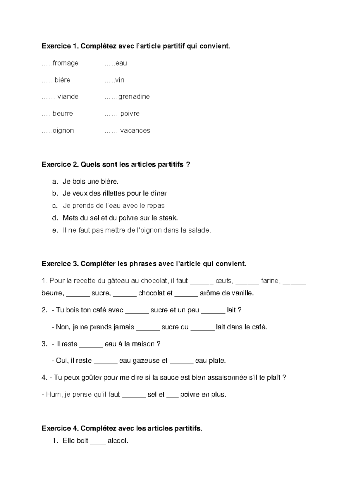 Exercices sur les Articles Partitifs en Français - Studocu