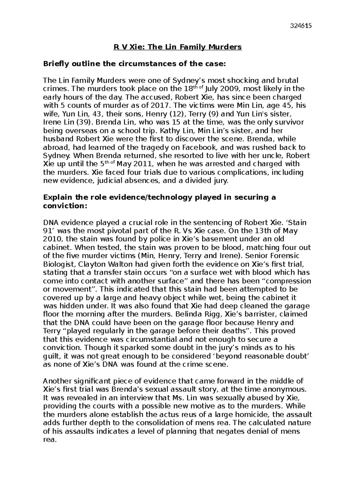 Legal Studies: R V Xie Case Analysis on the Lin Family Murders - Studocu