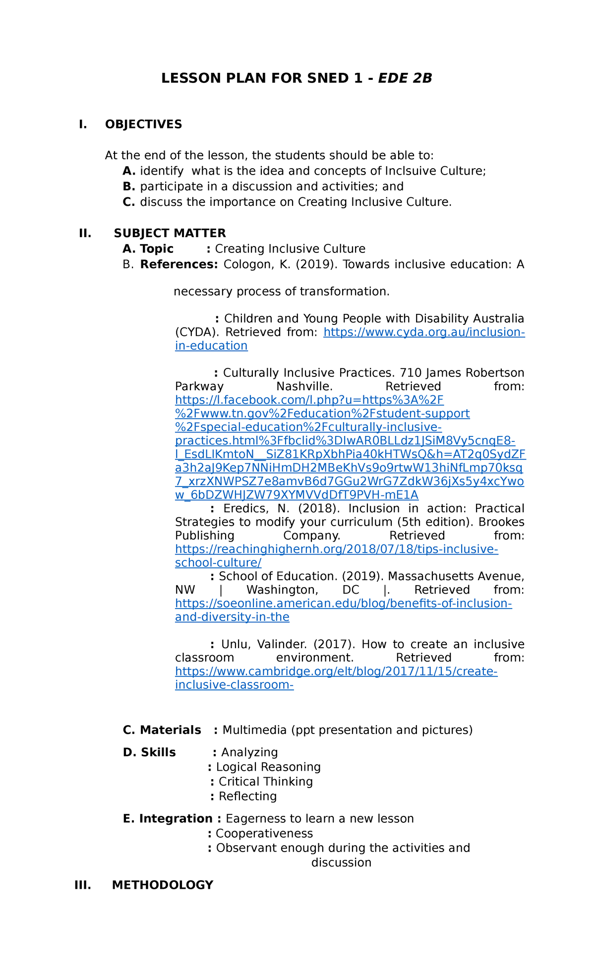 Lesson Plan: Creating Inclusive Culture - SNED 1 - EDE 2B - Studocu