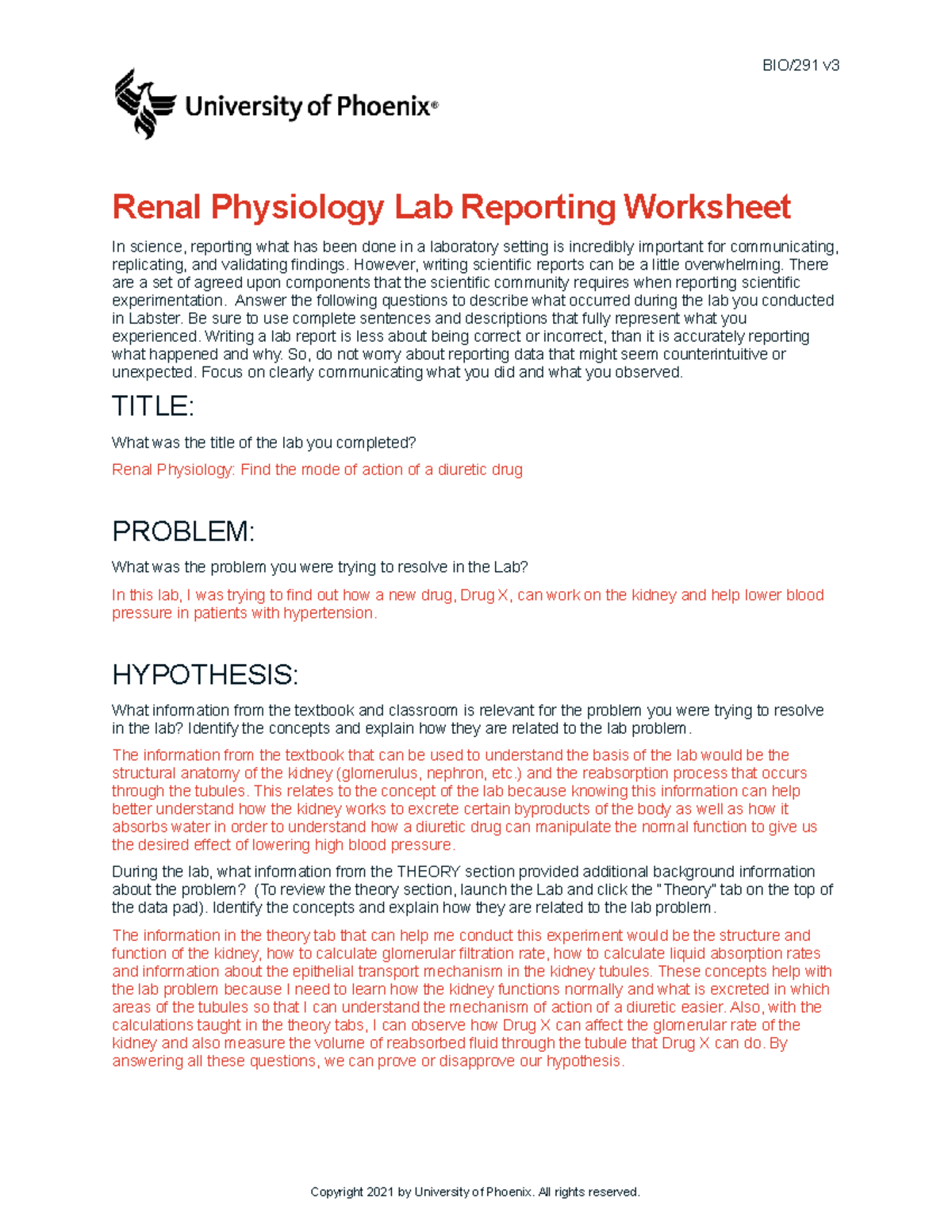 Renal Lab Report - BIO/291 v Renal Physiology Lab Reporting Worksheet ...