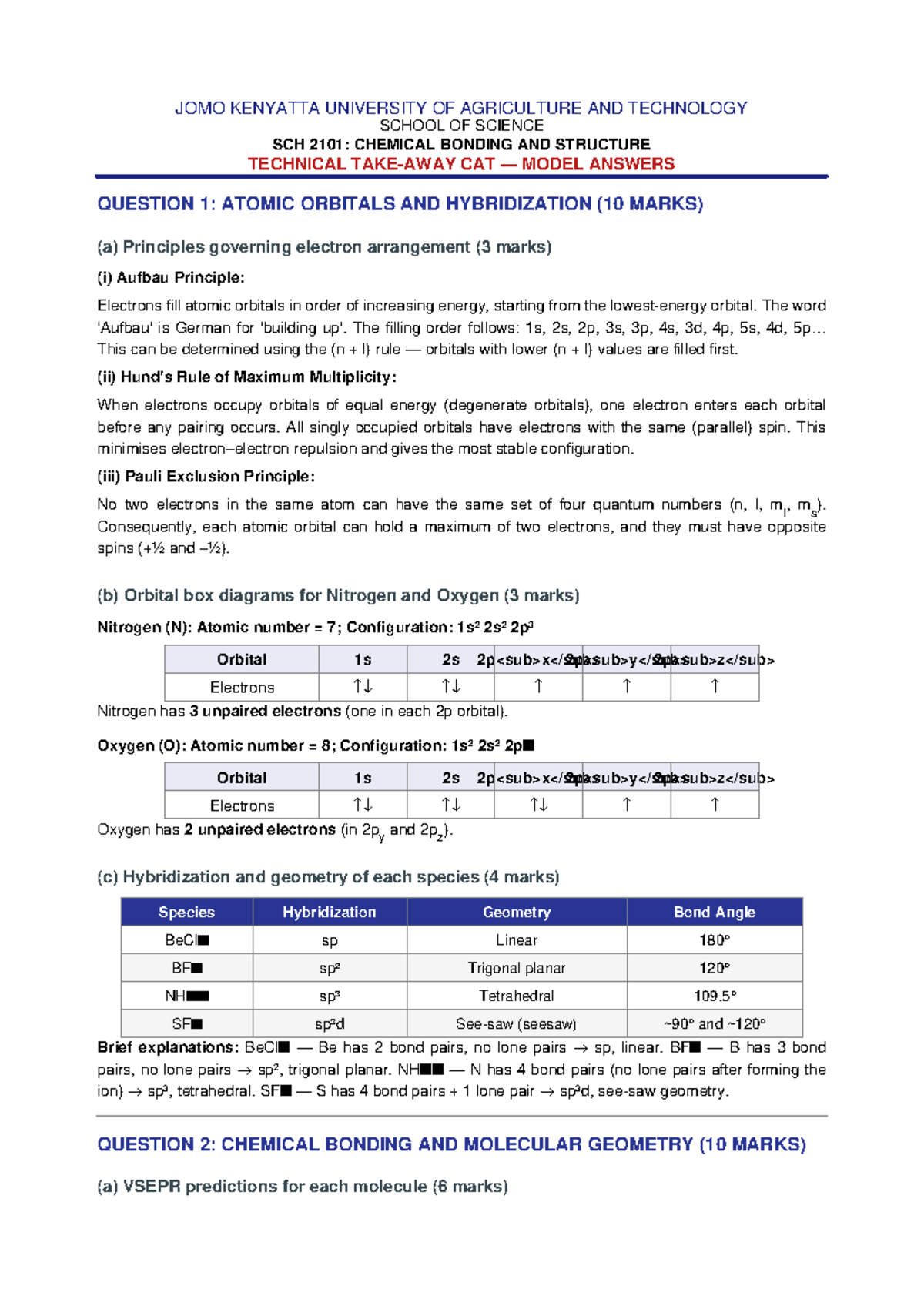 SCH 2101: Chemical Bonding & Structure CAT Model Answers - Studocu