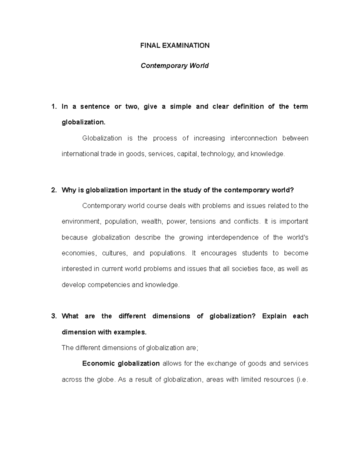 Final Examination - Contemporary World - FINAL EXAMINATION Contemporary ...