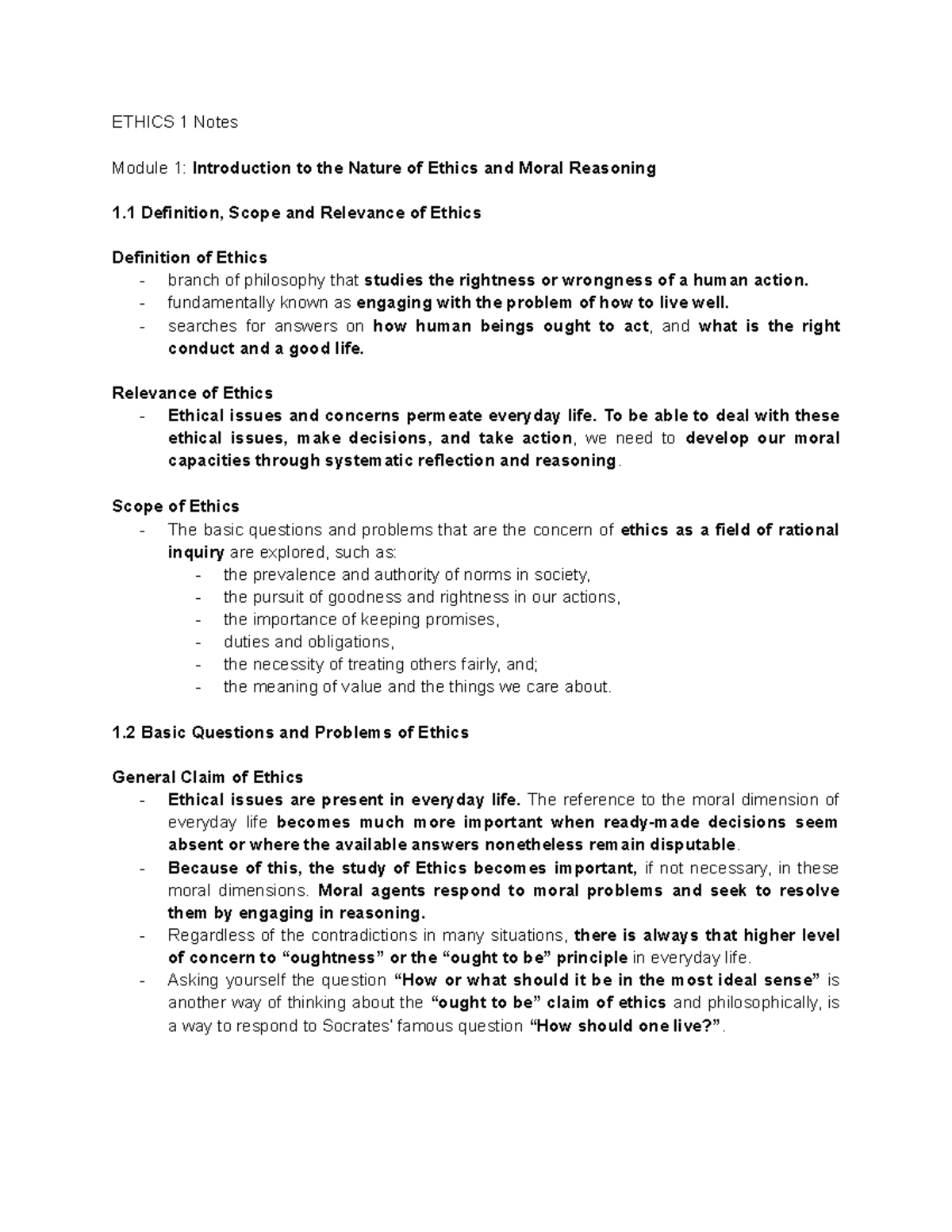 Ethics Long Exam Reviewer - ETHICS 1 Notes Module 1: Introduction to ...