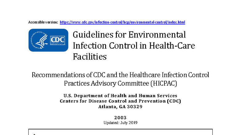 Guidelines for Environmental Infection Control in Facilities (CDC ...