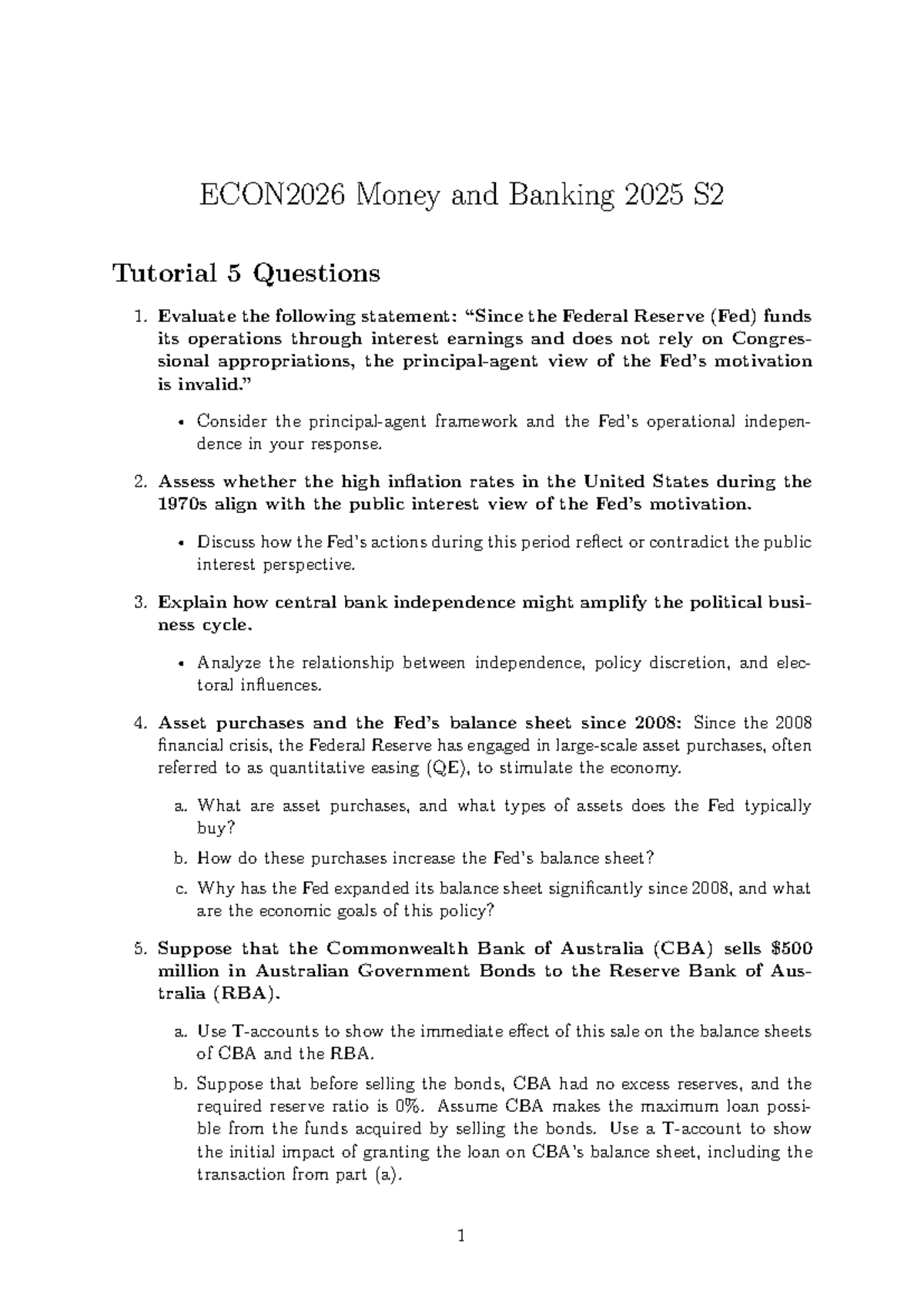 ECON2026 Money and Banking 2025 S2 Tutorial 5 Questions Analysis - Studocu