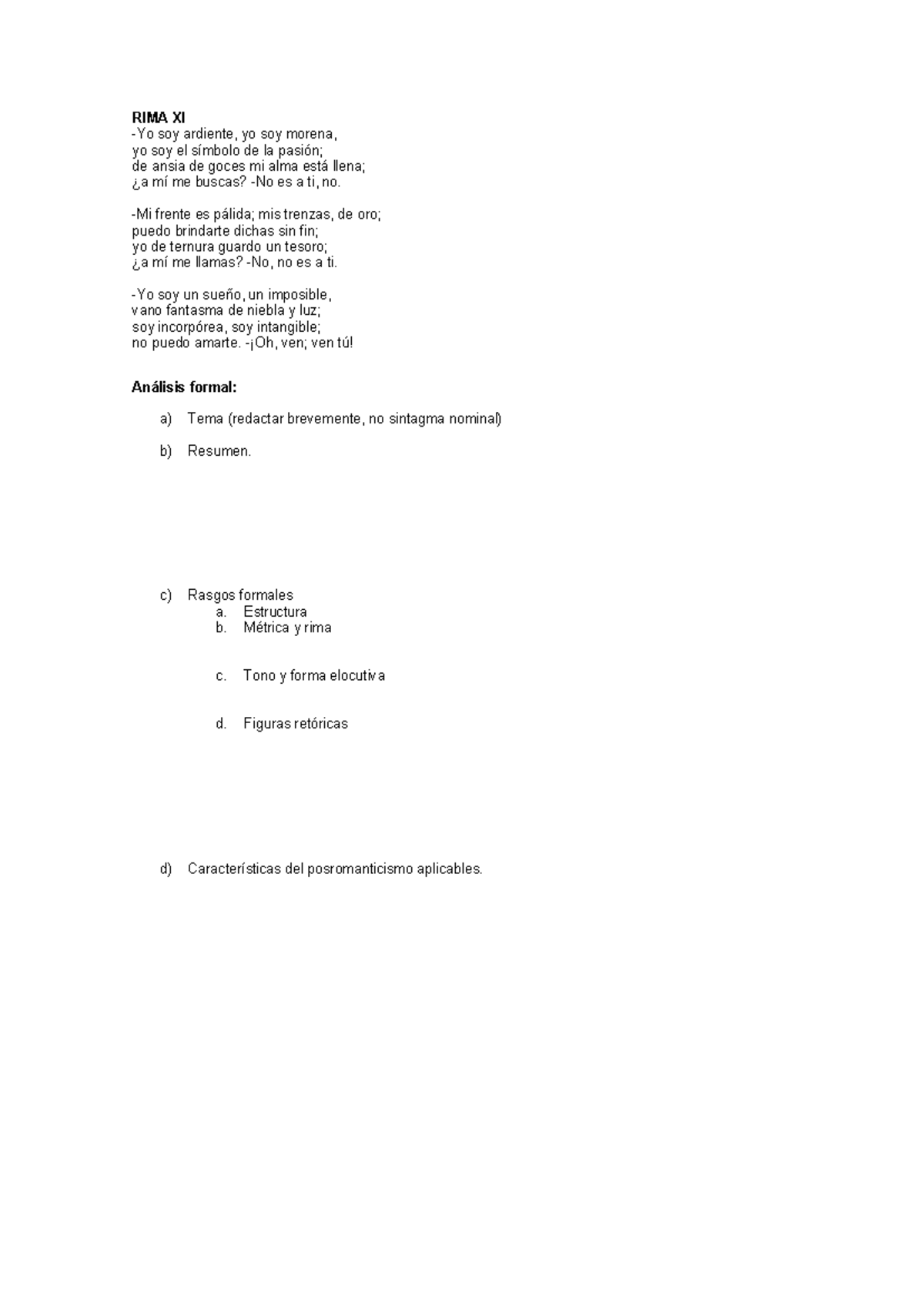 Análisis Formal de "RIMA XI" de Bécquer - Posromanticismo - Studocu