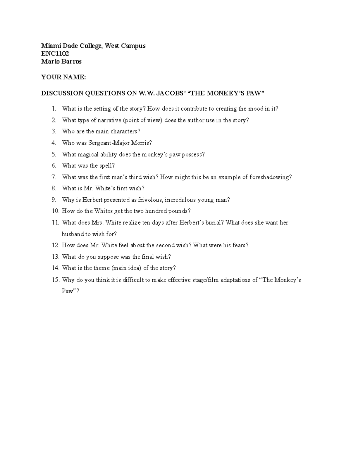 ENC Discussion Questions on W.W. Jacobs' "The Monkey's Paw" - Studocu