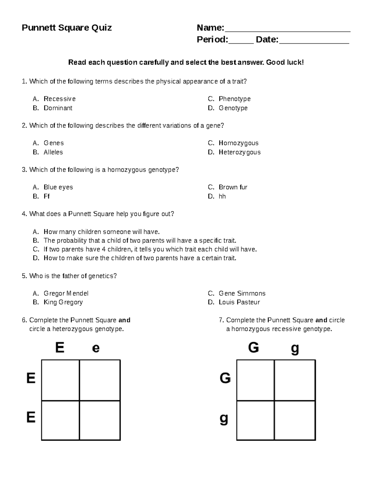 Punnett Square Quiz: Understanding Genetics Through Probability - Studocu