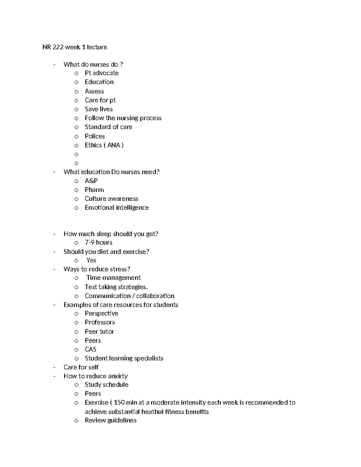 NR 222 Week 1 Lecture: Nursing Roles, Stress Management, and Health ...