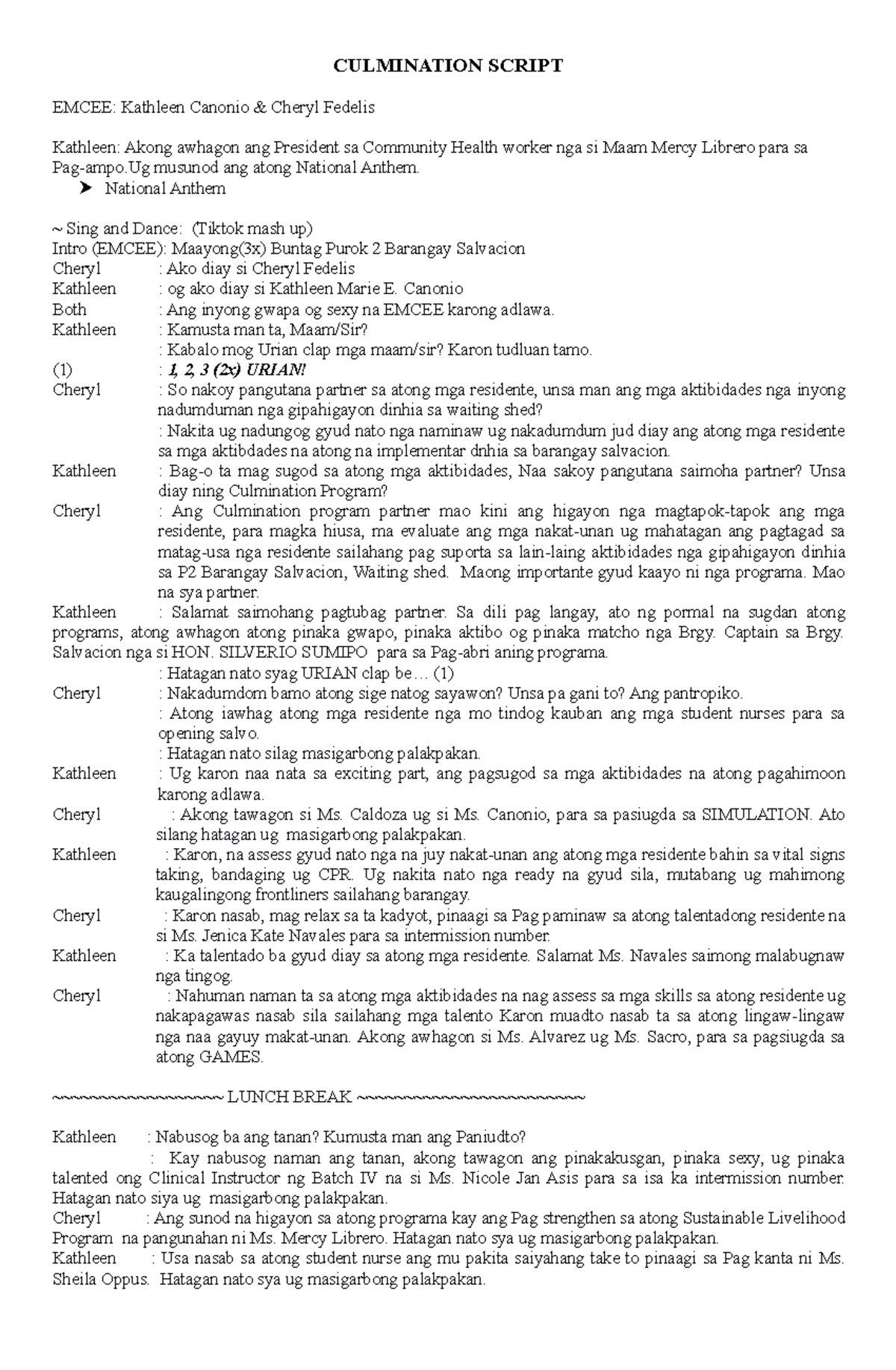 CULMINATION SCRIPT for Community Health Workers Program - Studocu