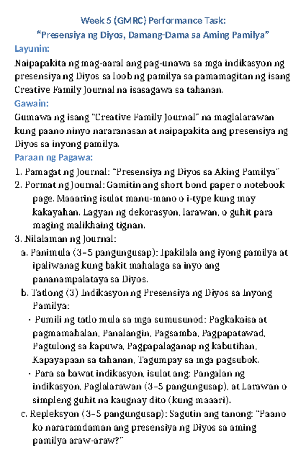 Week 5 (GMRC) Creative Family Journal Performance Task - Studocu