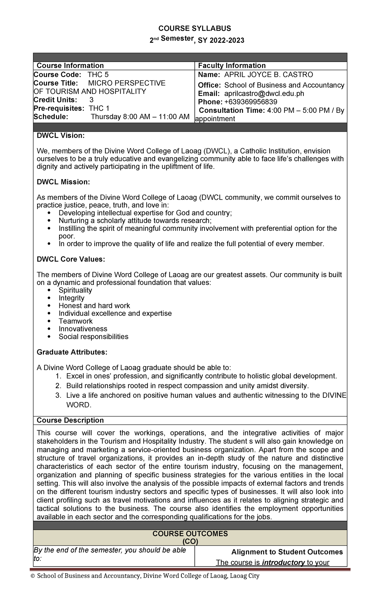 NEW THC5 Micro OBE April Castro HM - COURSE SYLLABUS 2 nd Semester , SY ...