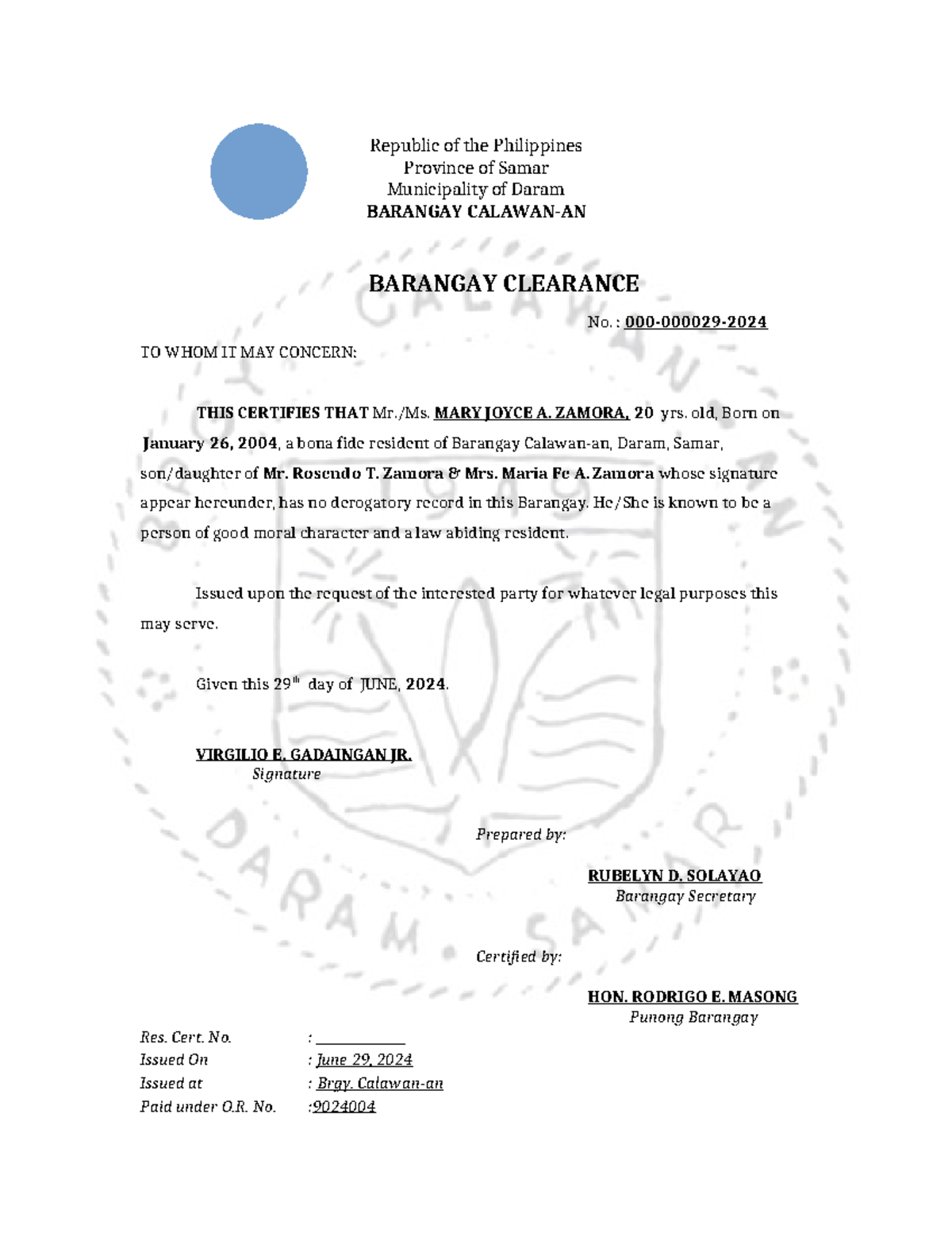 Barangay Clearance - Province of Samar Municipality of Daram BARANGAY ...