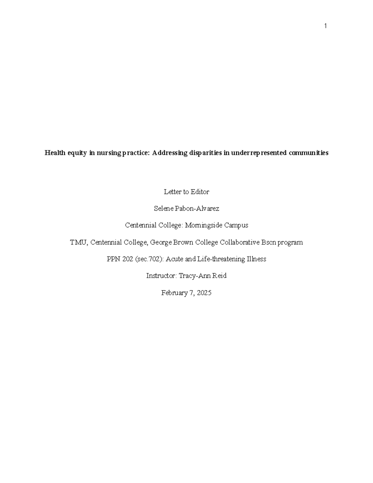 Letter to editor - Health equity in nursing practice Addressing ...