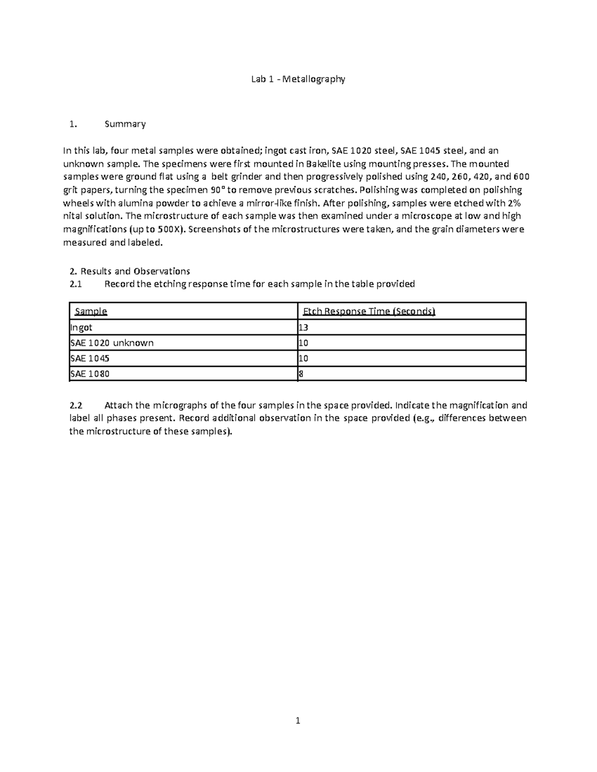 Metallography Lab 1 Summary: Sample Preparation & Analysis - Studocu