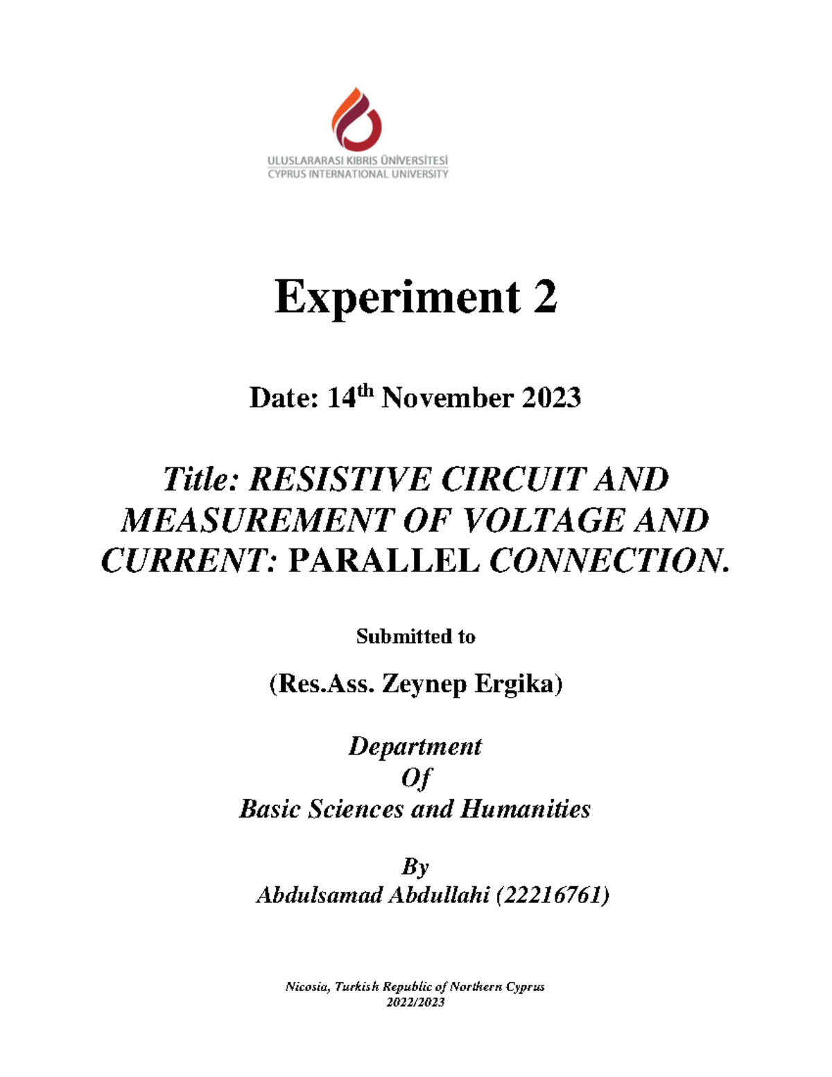PHY 102 Experiment 3 - lab work - Nicosia, Turkish Republic of Northern ...