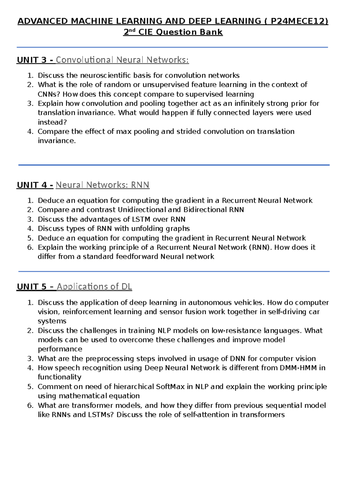 Advanced Machine Learning & Deep Learning (P24MECE12) CIE 2 Question Bank - Studocu