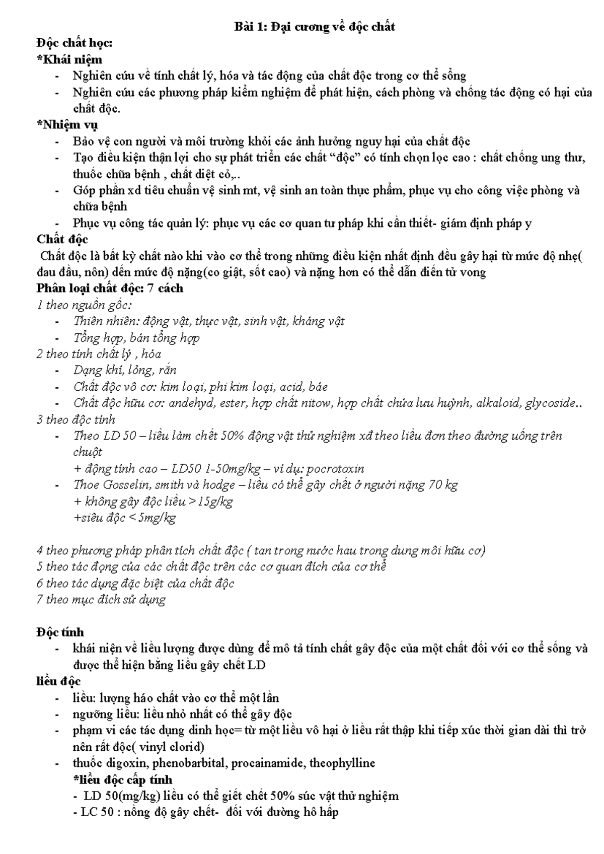Bài 1: Tổng quan về Độc chất học và Tác động của Chất độc - Studocu