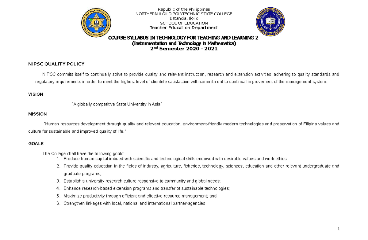 Course Syllabus for TTL2: Instrumentation & Tech in Math Education ...