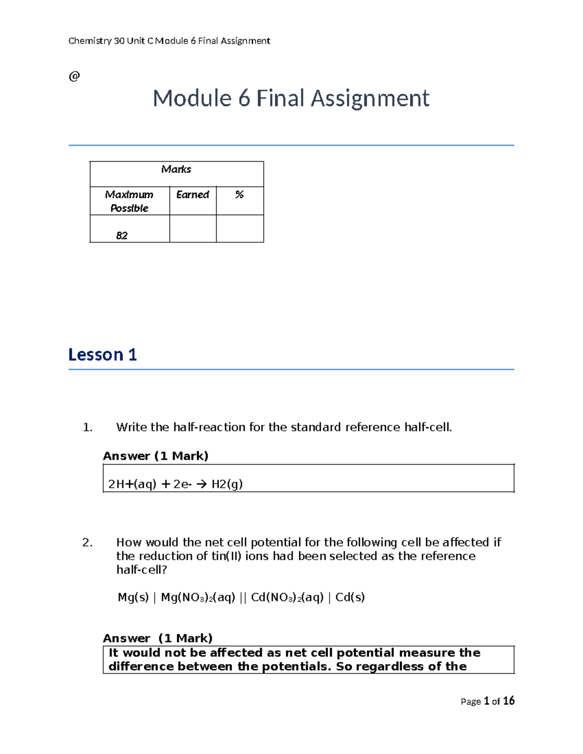 Chemistry 30 Unit C Module 6 Final Assignment: Electrochemical Cells ...
