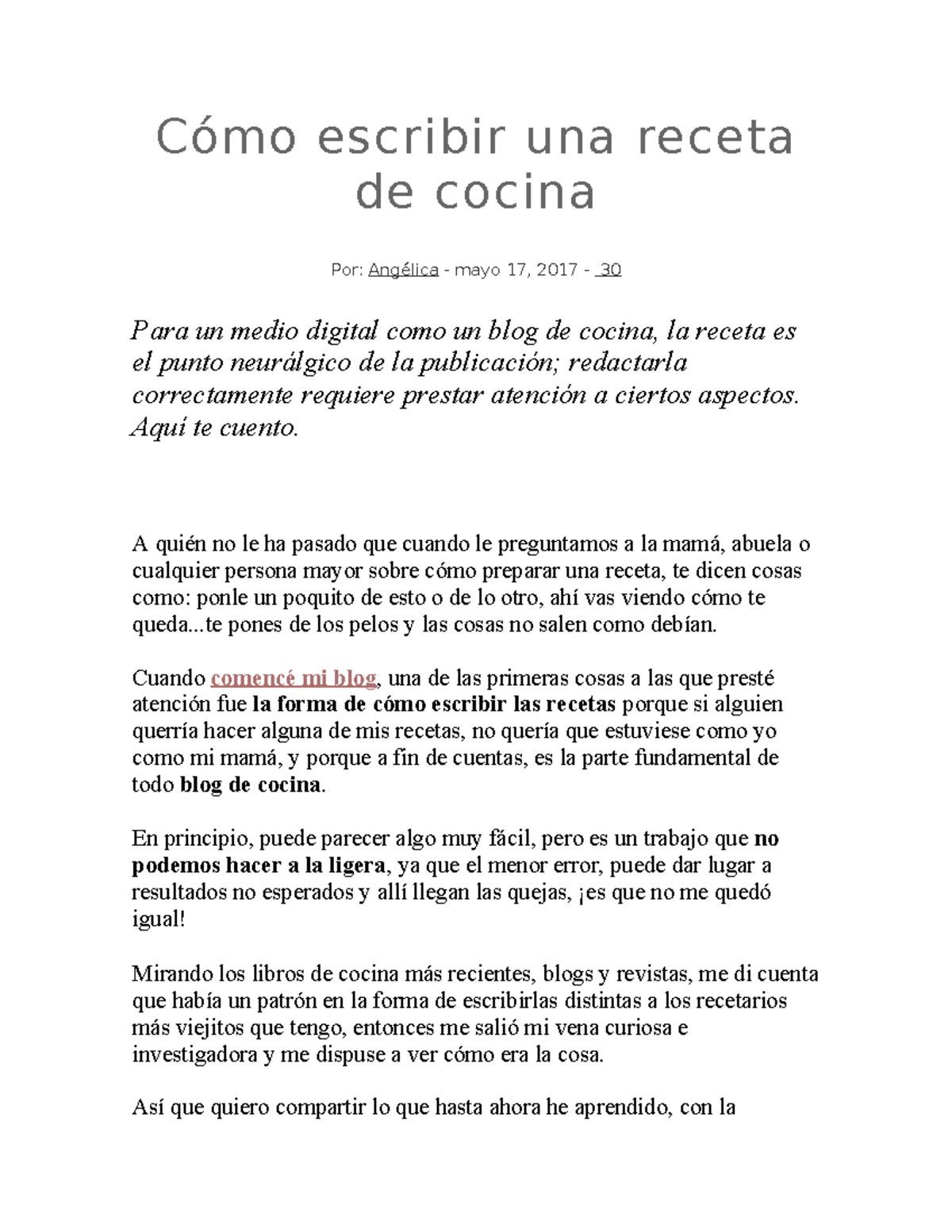 Cómo Escribir Recetas de Cocina Claras y Precisar para Blogs - Studocu