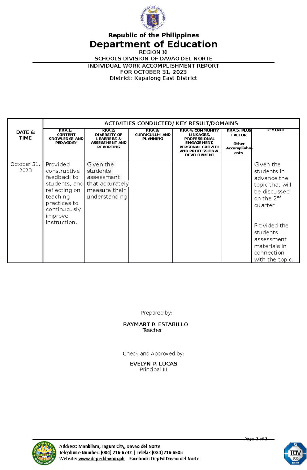 IWAR Report for Teachers: Work from Home Activities - Oct 2023 - Studocu