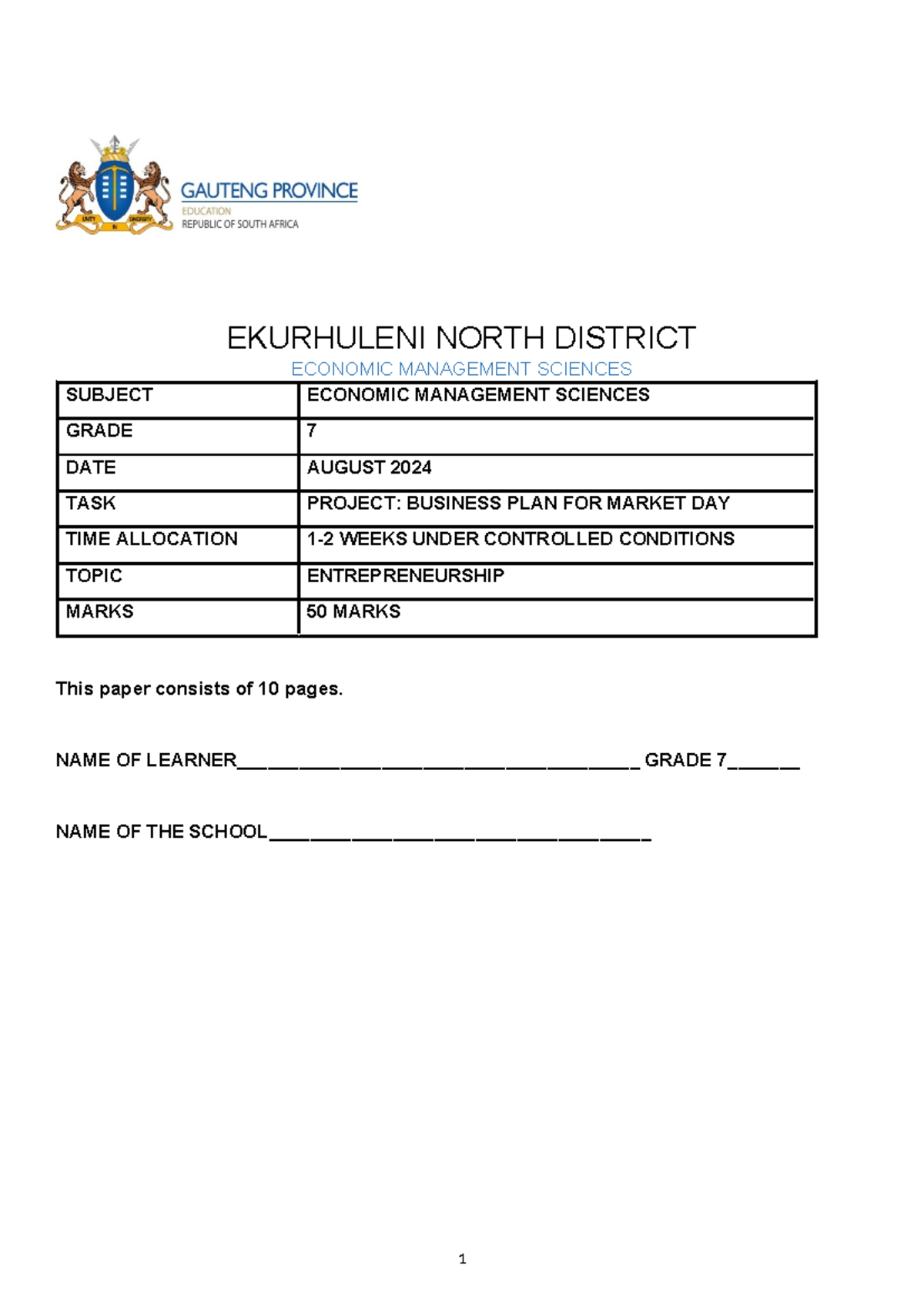 Grade 7 EMS Project 2024: Business Plan for Market Day - Studocu