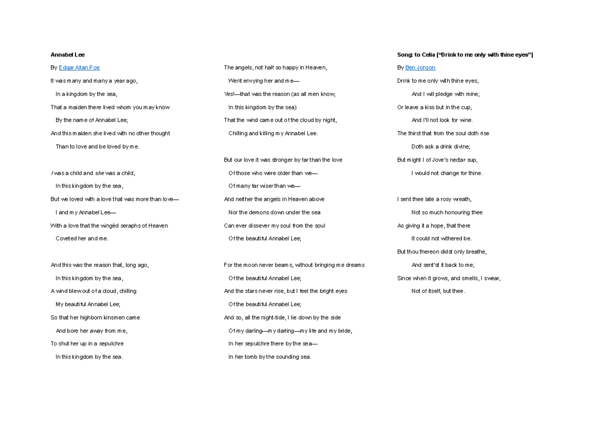 Poetry Compilation: Annabel Lee & Other Classic Works - Studocu