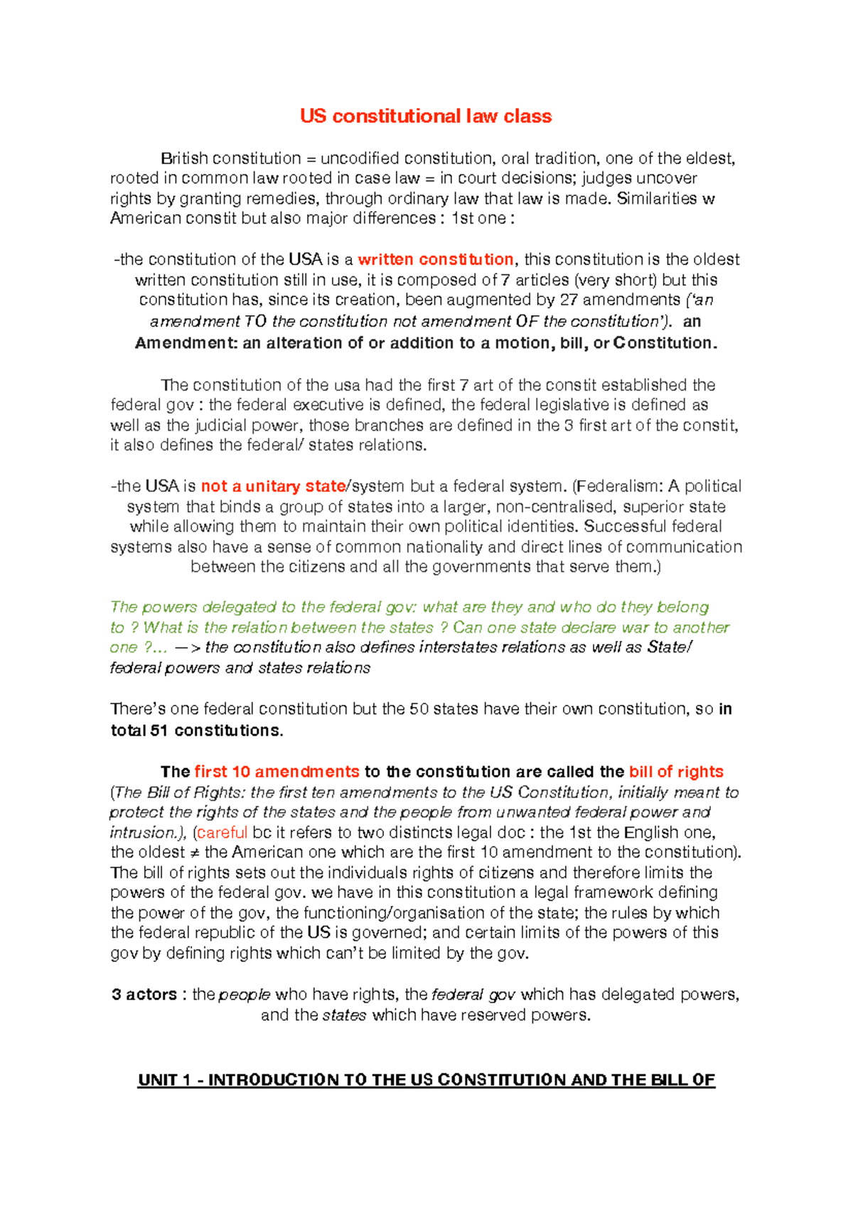US Constitutional Law: Key Concepts and Bill of Rights Overview - Studocu
