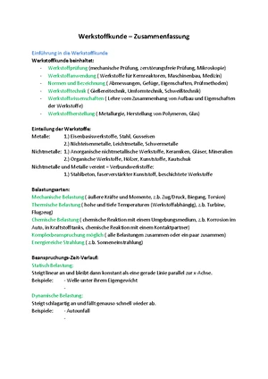 Werkstoffkunde 1 - Zusammenfassung - Werkstoffkunde – Zusammenfassung Einführung in die - Studocu