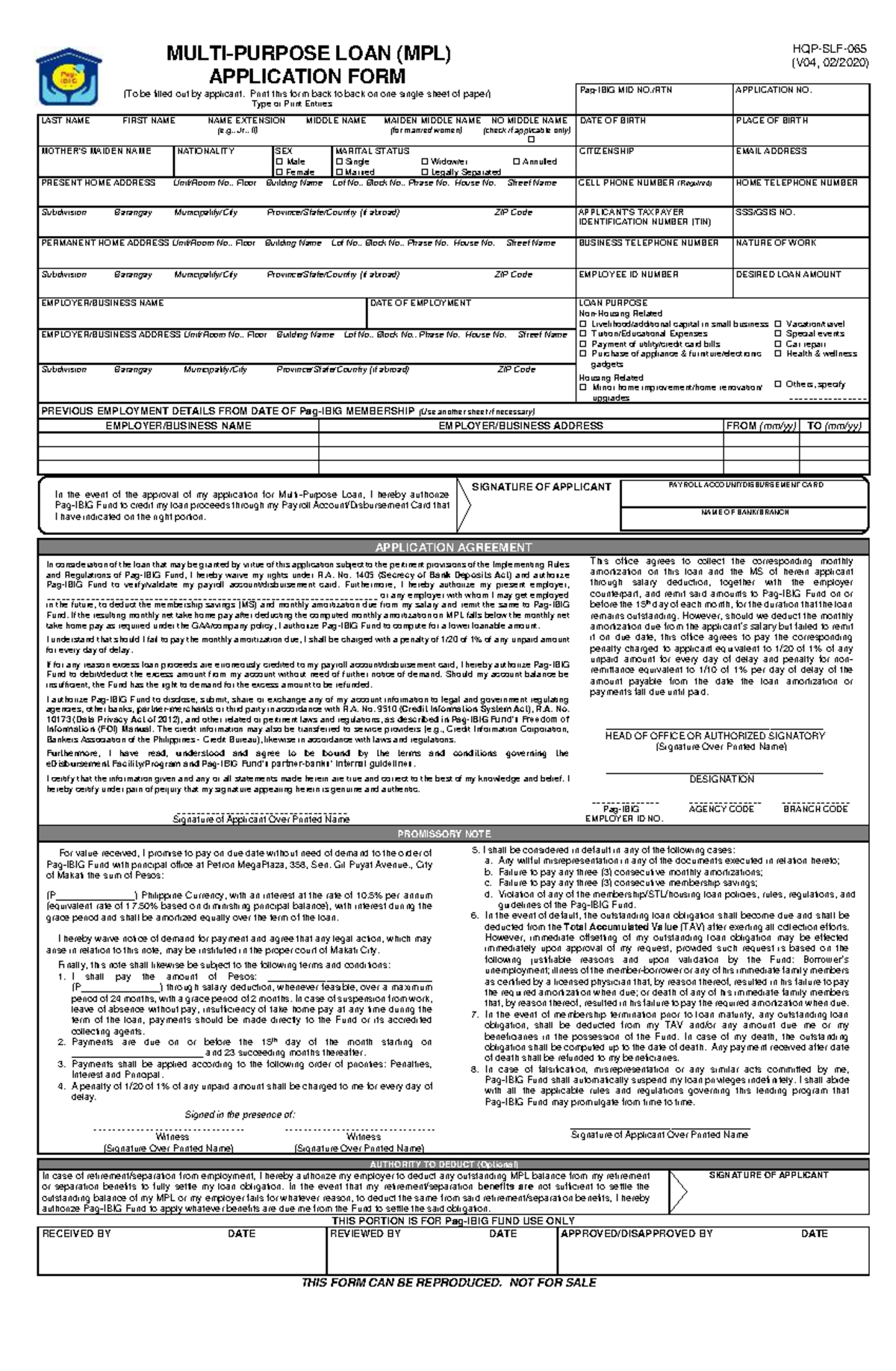 PAG-IBIG Multi-Purpose Loan Application Form V04 (HQP-SLF-065) - Studocu