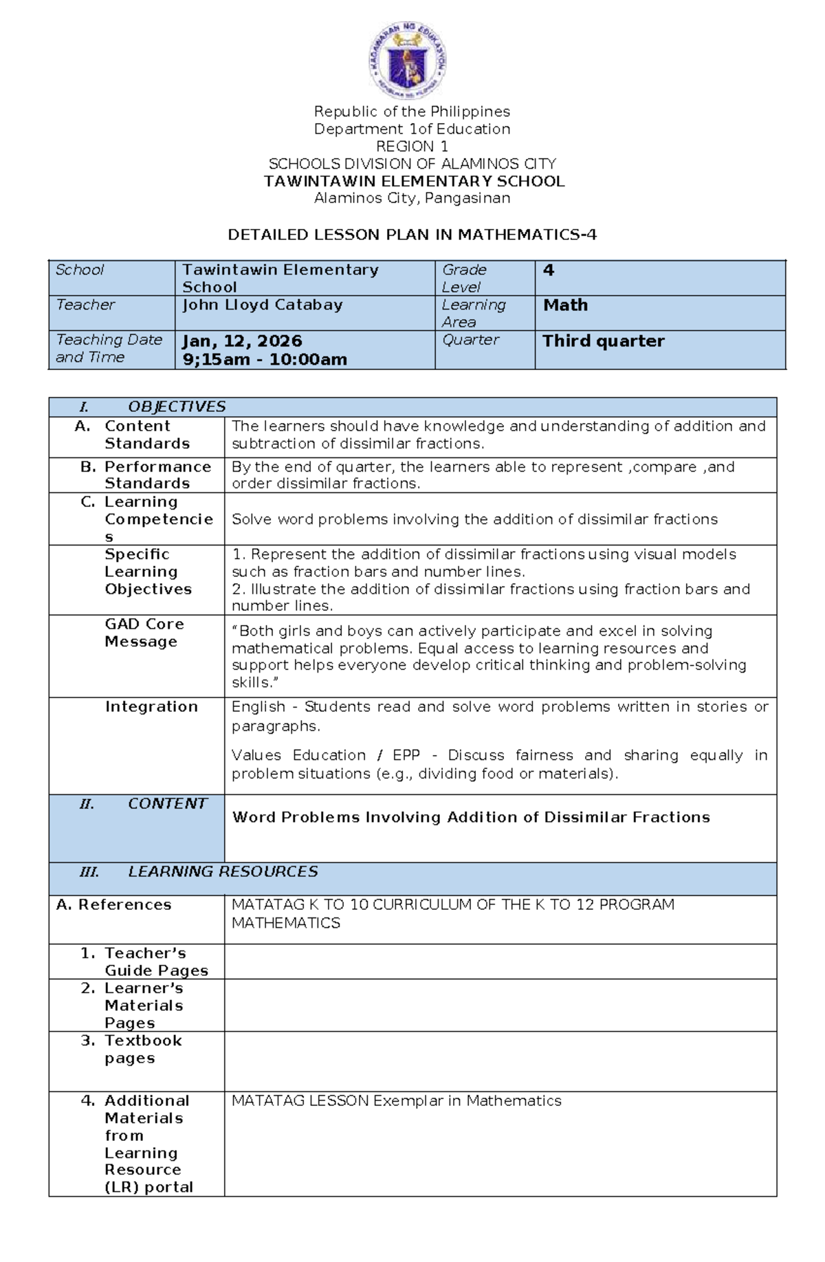 MATH 4 Detailed Lesson Plan: Addition of Dissimilar Fractions - Studocu