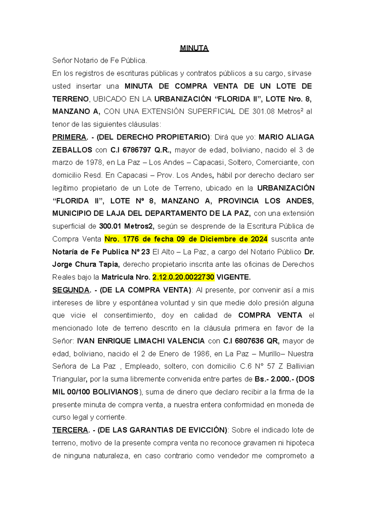 Minuta de Compra Venta de Terreno - Florida A8 - Studocu