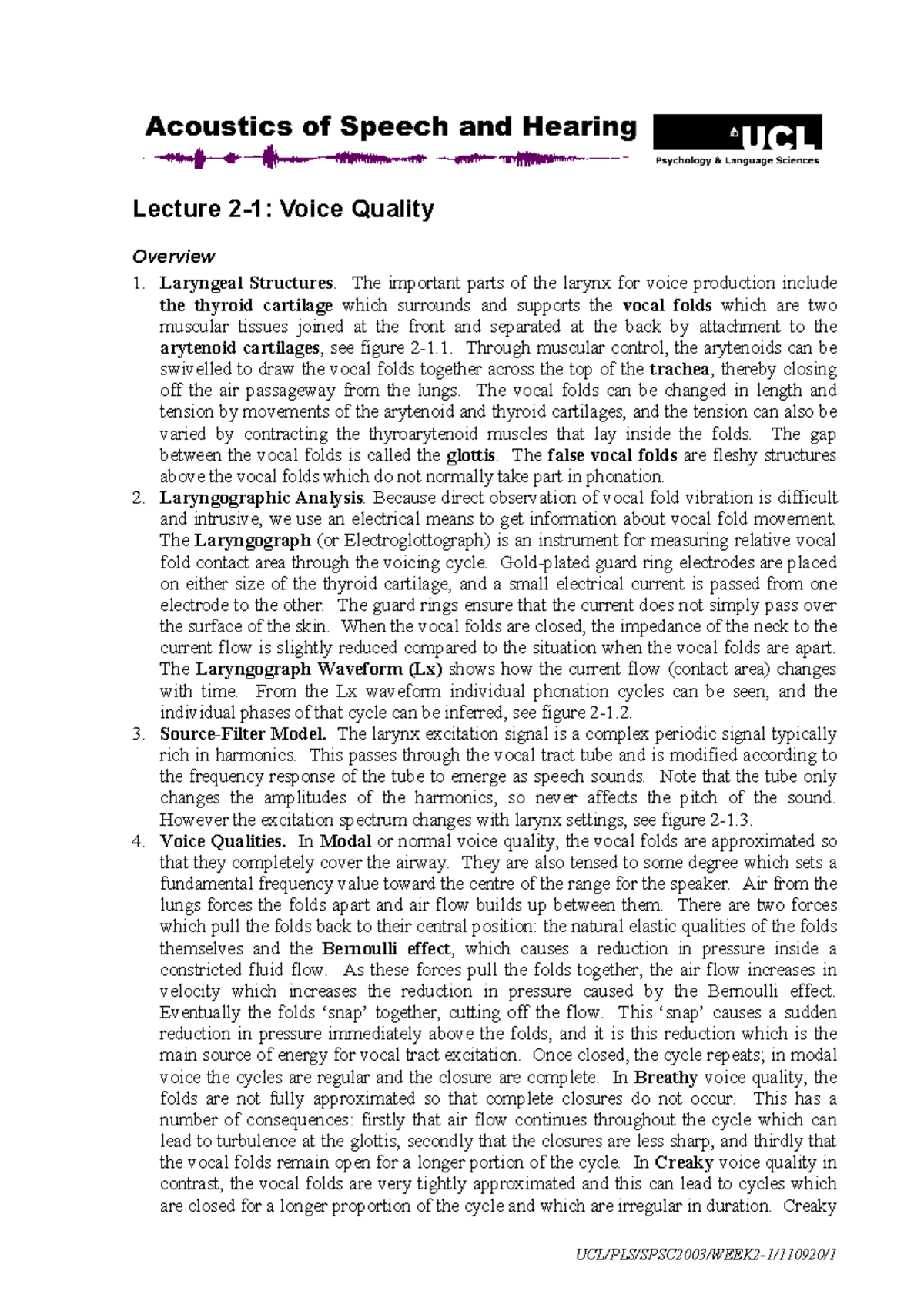 Ucl exam notes for phonetics - Lecture 2-1: Voice Quality Overview ...