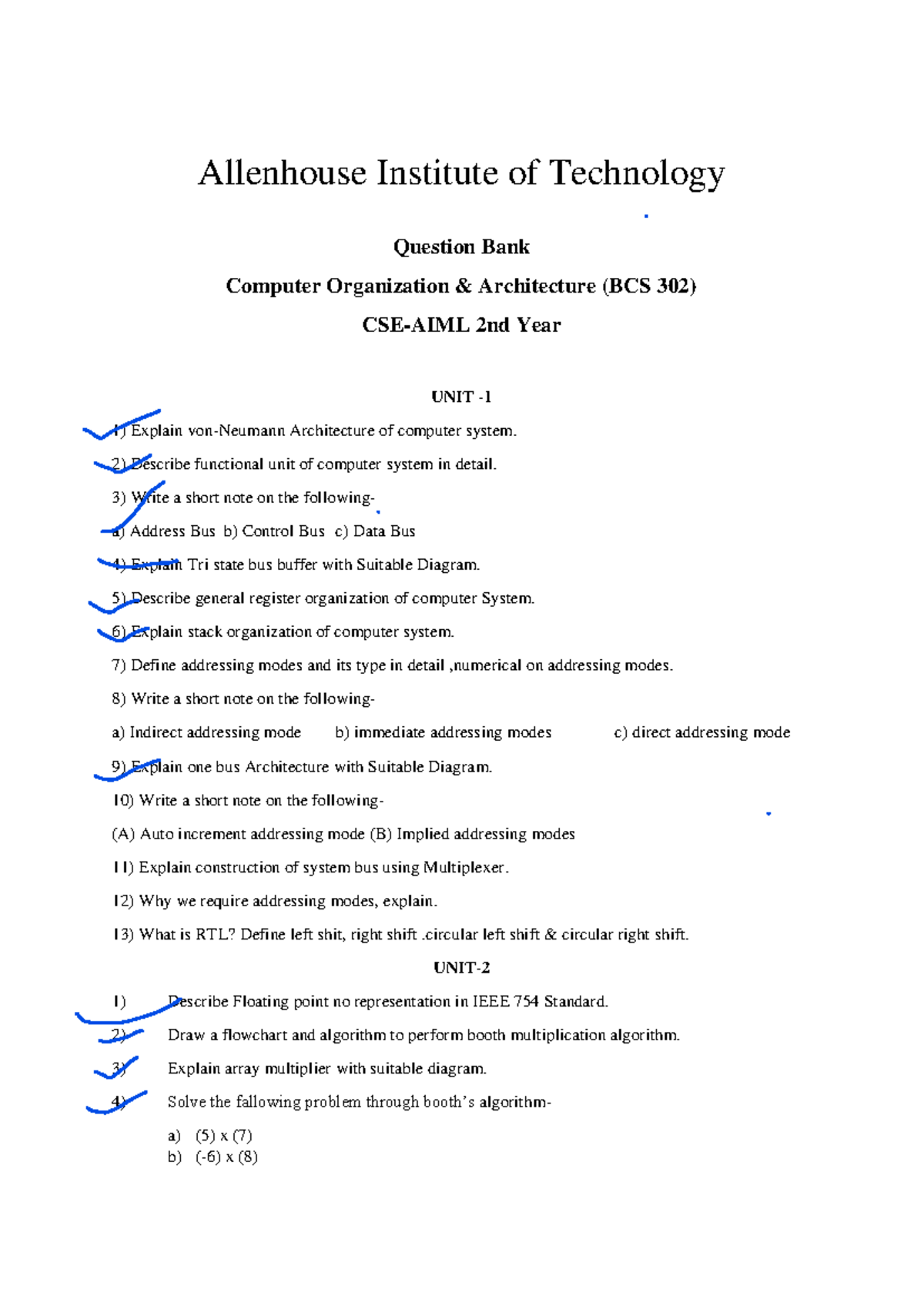 Computer Organization Architecture Question Bank (BCS 302) - Studocu