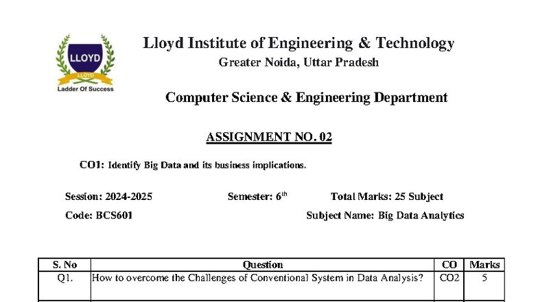 BCS601 - Assignment 2: Big Data Analytics Challenges & Techniques - Studocu