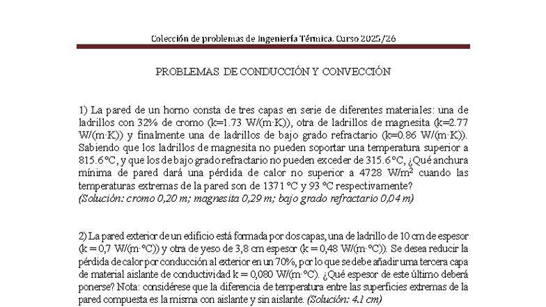 Colección de Problemas de Ingeniería Térmica: Conducción y Convección ...