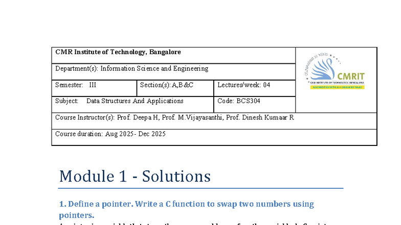 Module 1 Solutions for BCS304: Data Structures and Applications - Studocu