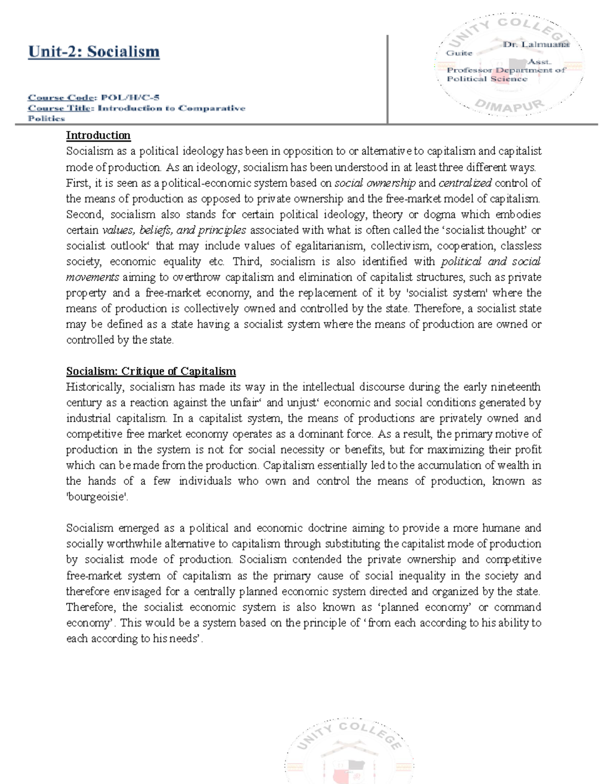 Unit-2 Socialism - Comprehensive Study Notes and Analysis - Studocu