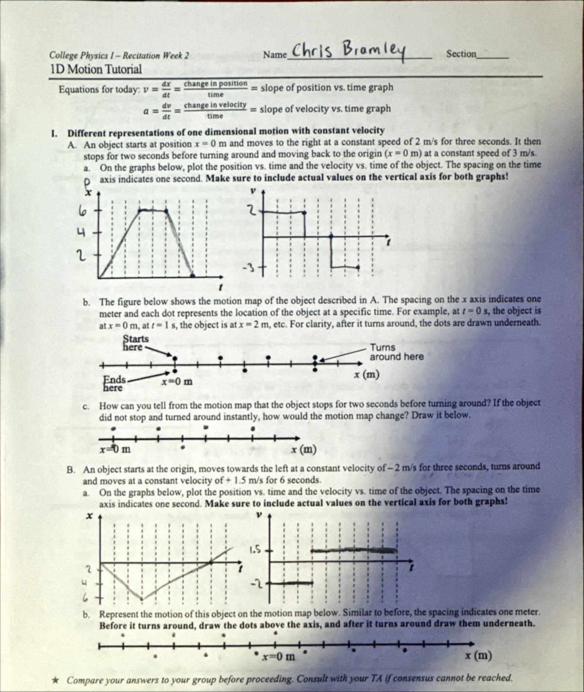 Physics 1 Recitation Week 2: 1D Motion Analysis and Graphing Techniques ...