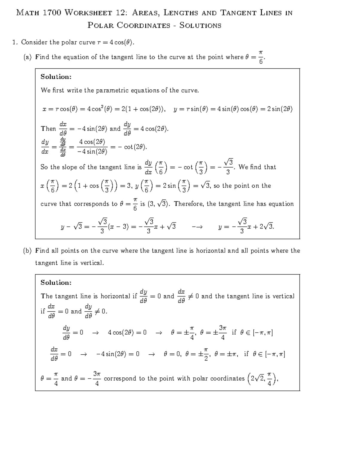 1700 Worksheet 12 Solutions - Copy - Math 1700 Worksheet 12: Areas, Lengths and Tangent Lines in ...