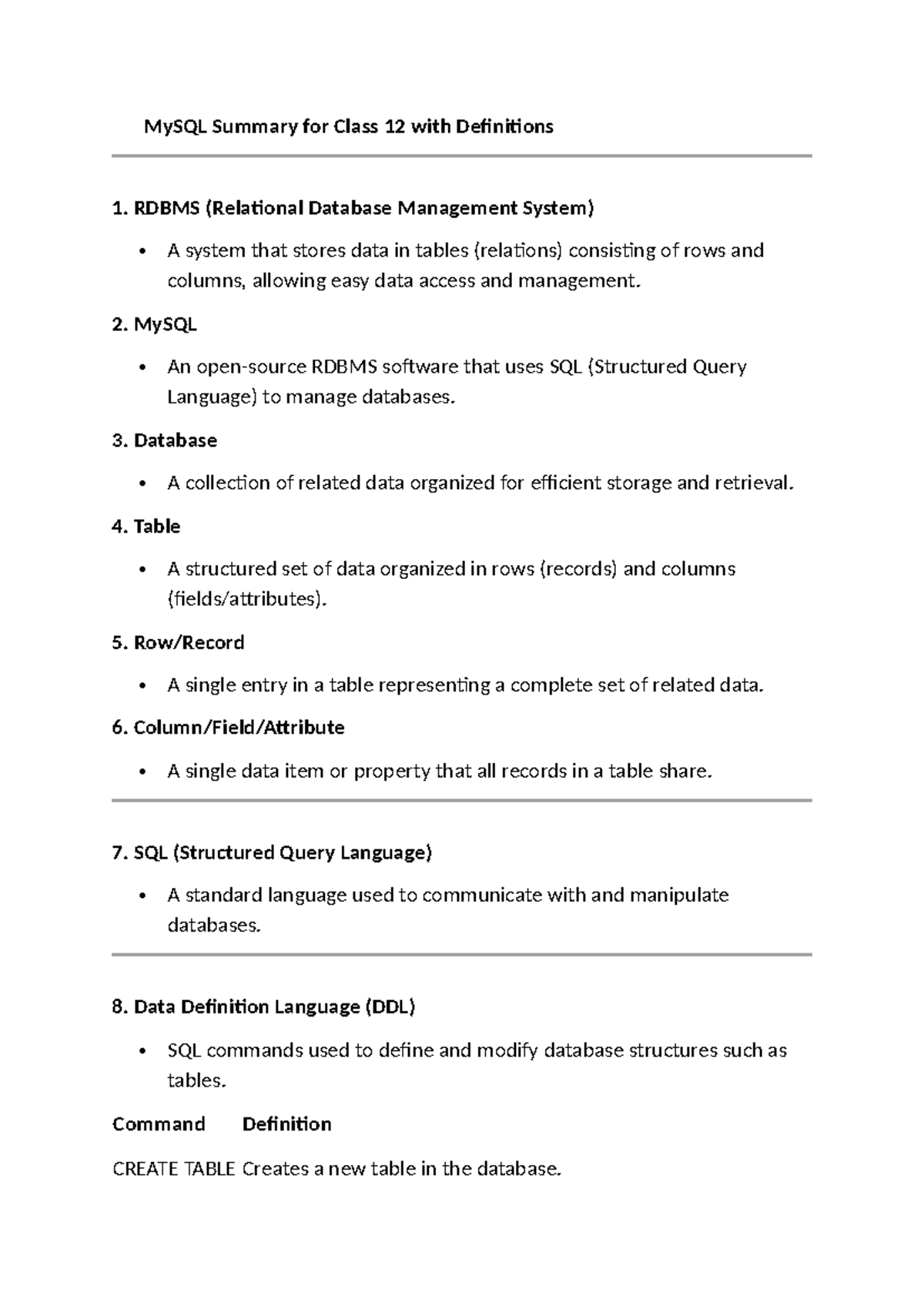 MySQL Summary for Class 12: Key Concepts & Definitions - Studocu
