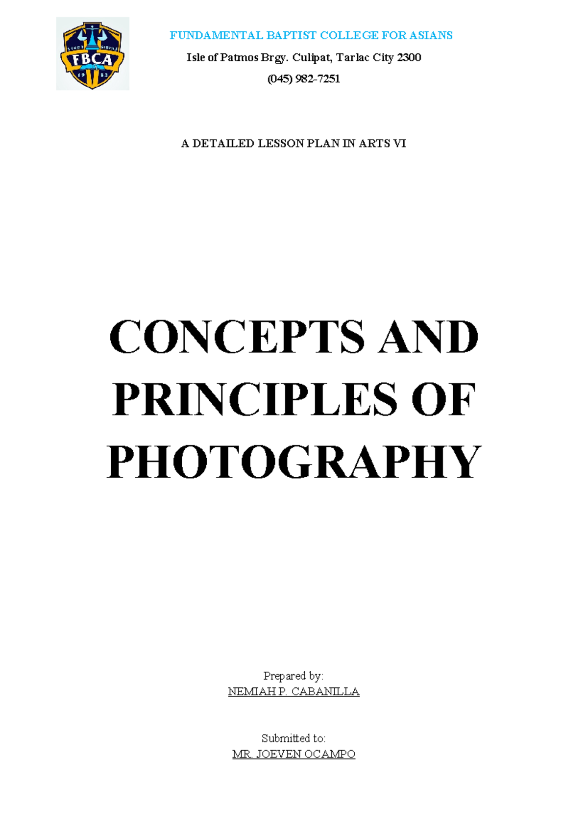 A Comprehensive Lesson Plan on Photography Concepts - Arts VI - Studocu
