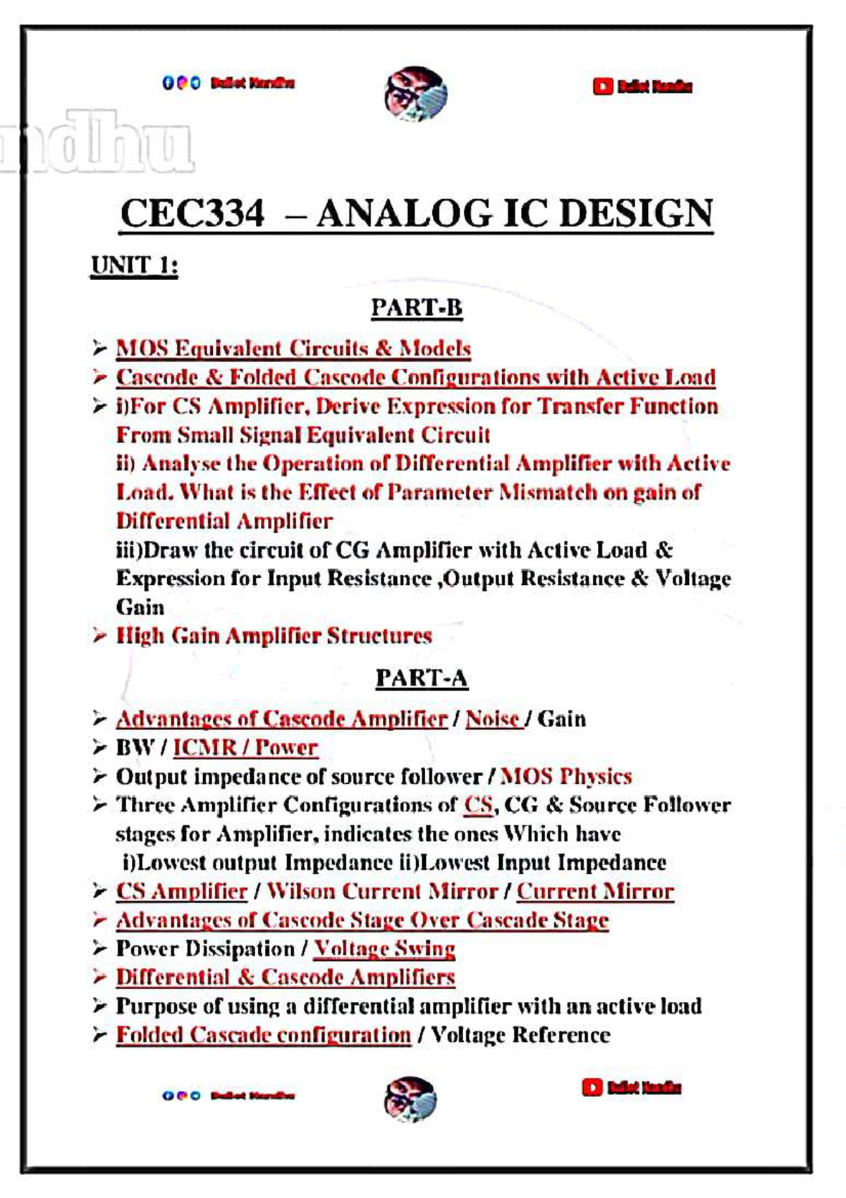 CEC334 Important Questions on Analog IC Design: Units 1-5 Overview ...